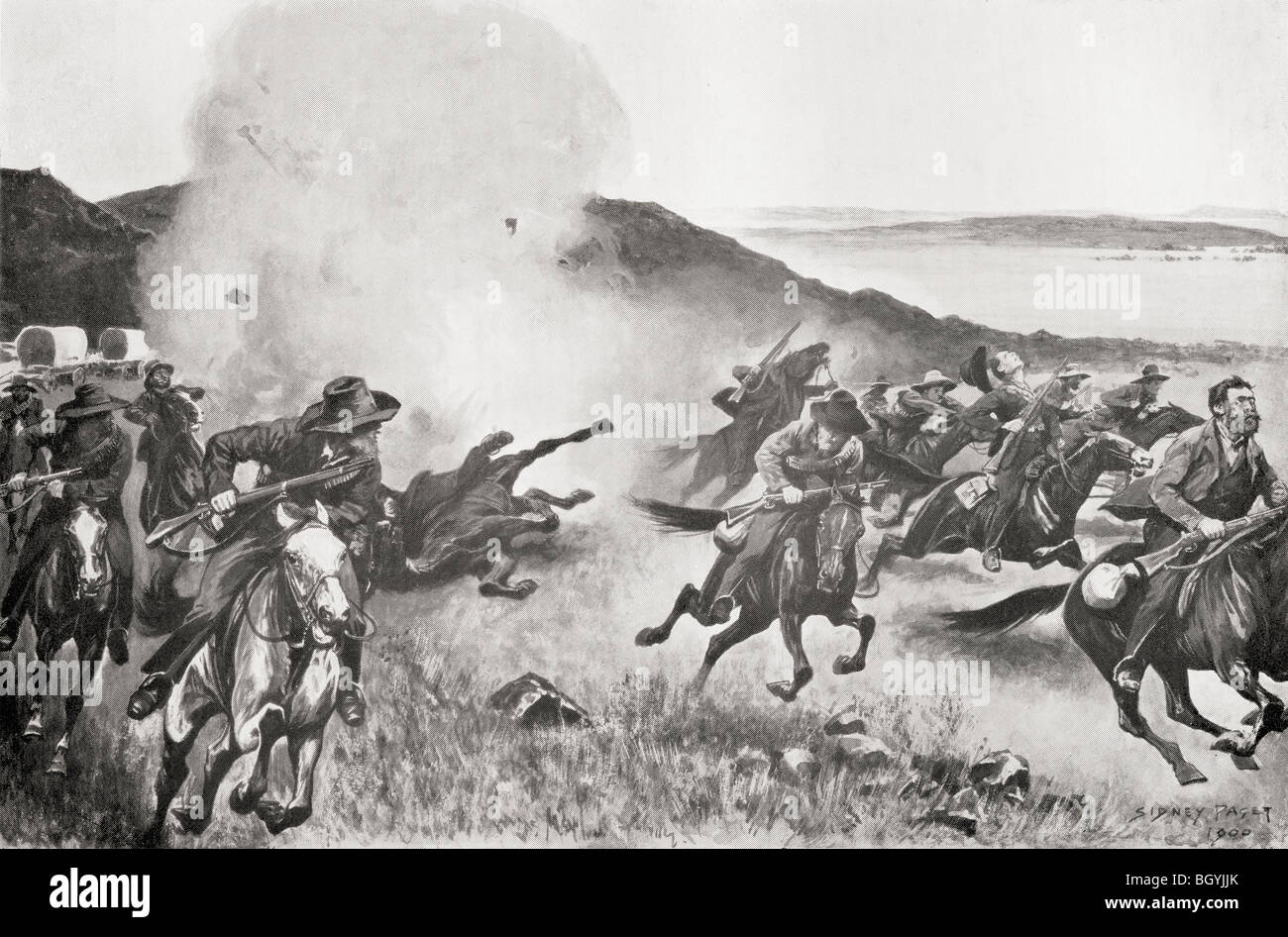 Artillery shell dispersing Boer fighters during Second Boer War. SEE ...