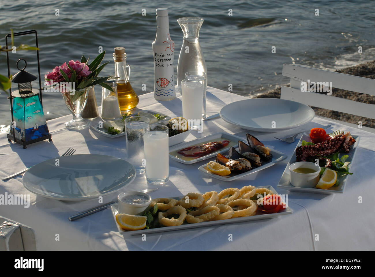 traditional Mediterranean cuisine at the beach on the table,calamari ...