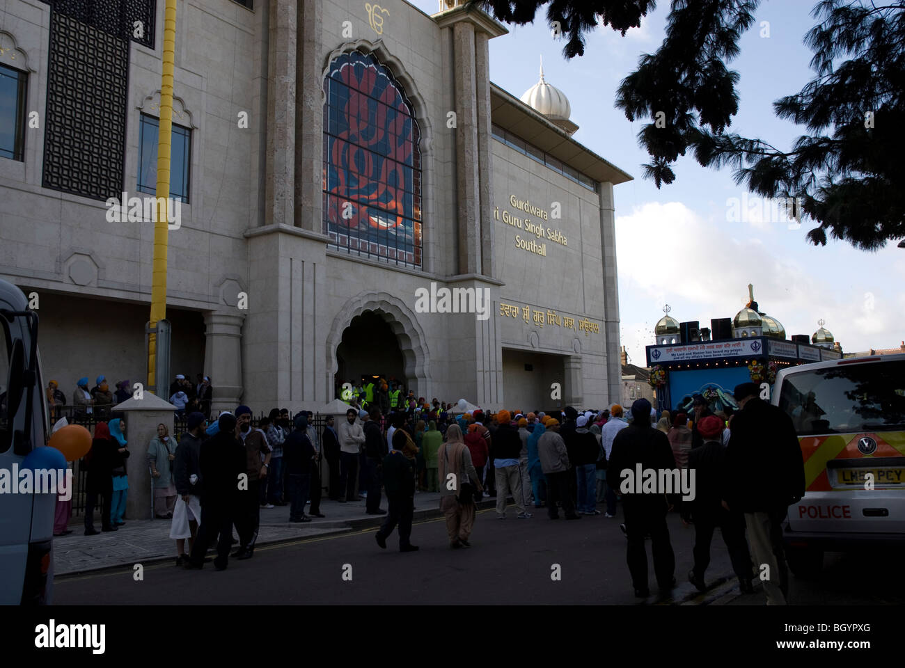Sikh Nagar Kirtan celebration outside the Gurdwara Sri Guru Singh Sabha ...