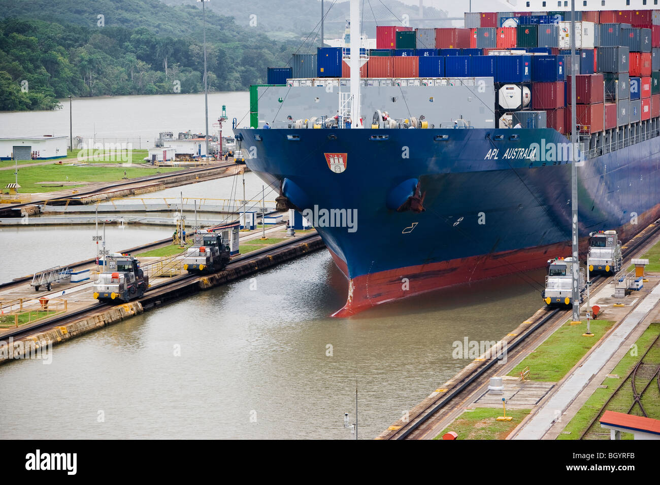 Cargo ship entering the Panama Canal at Miraflores Locks, Panama City ...