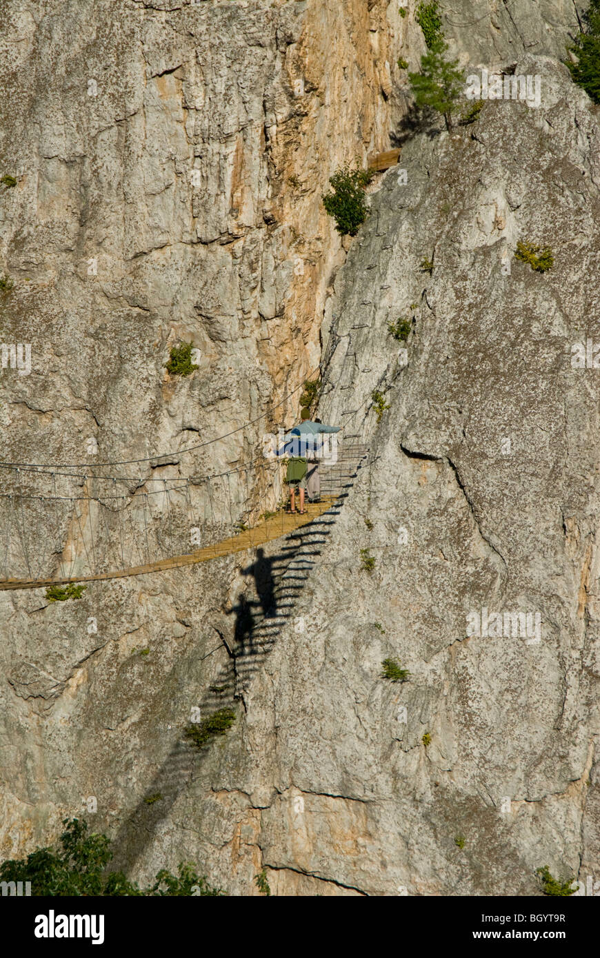 Man and his son crossing the swinging foot bridge on the Via Ferrata at ...