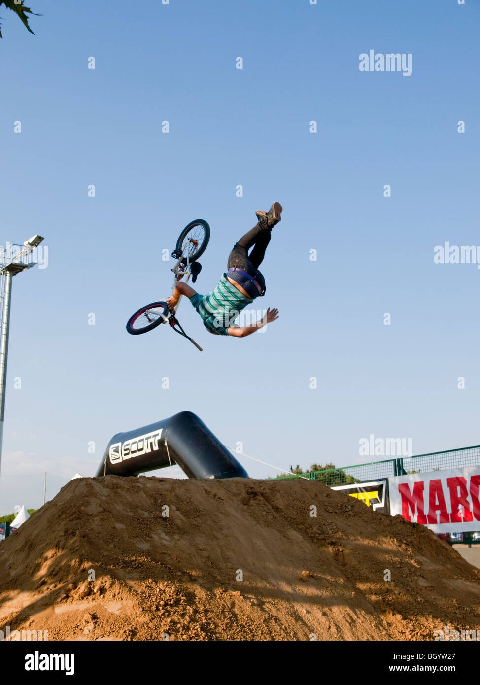 Biker falling after a jump in a show at Festibike 08 Stock Photo - Alamy