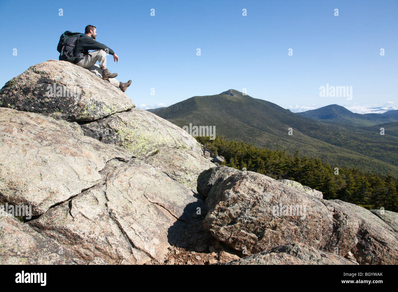 Hiker on summit on of Mount Liberty in the White Mountains, New ...
