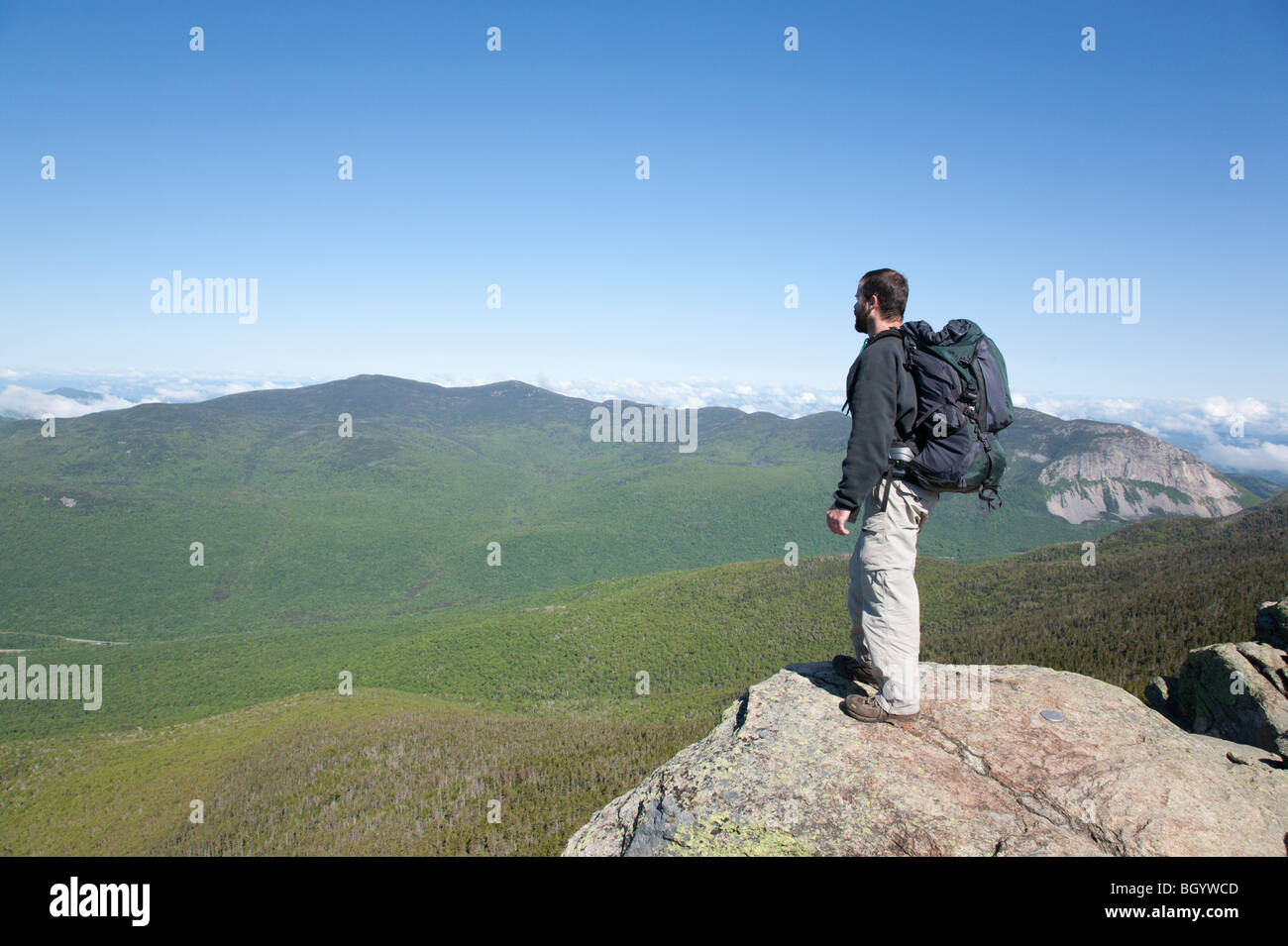 Hiker on summit on of Mount Liberty in the White Mountains, New ...