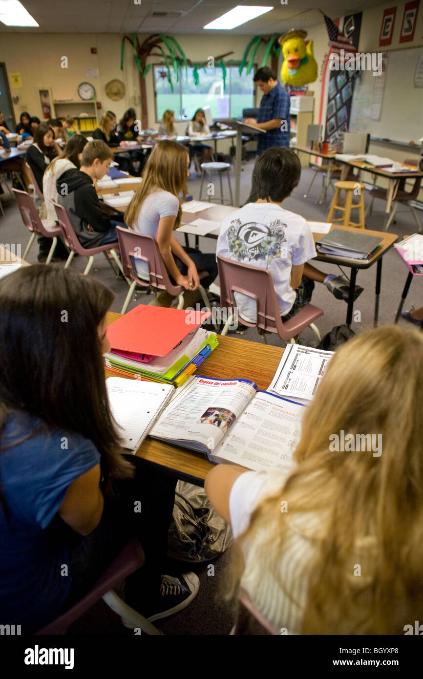 A California middle school Spanish teacher in a classroom decorated ...