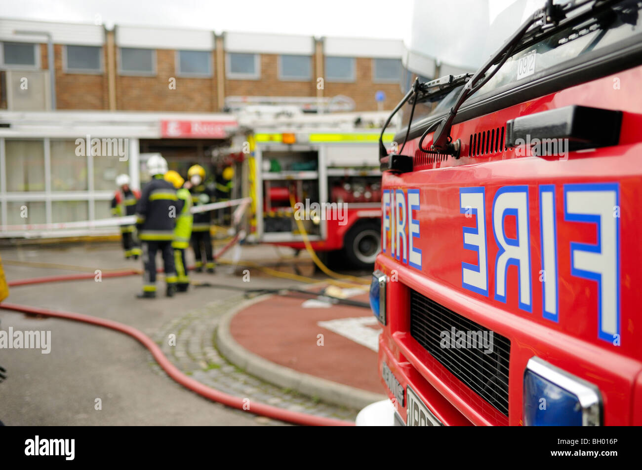 Fire engine at school fire Stock Photo - Alamy