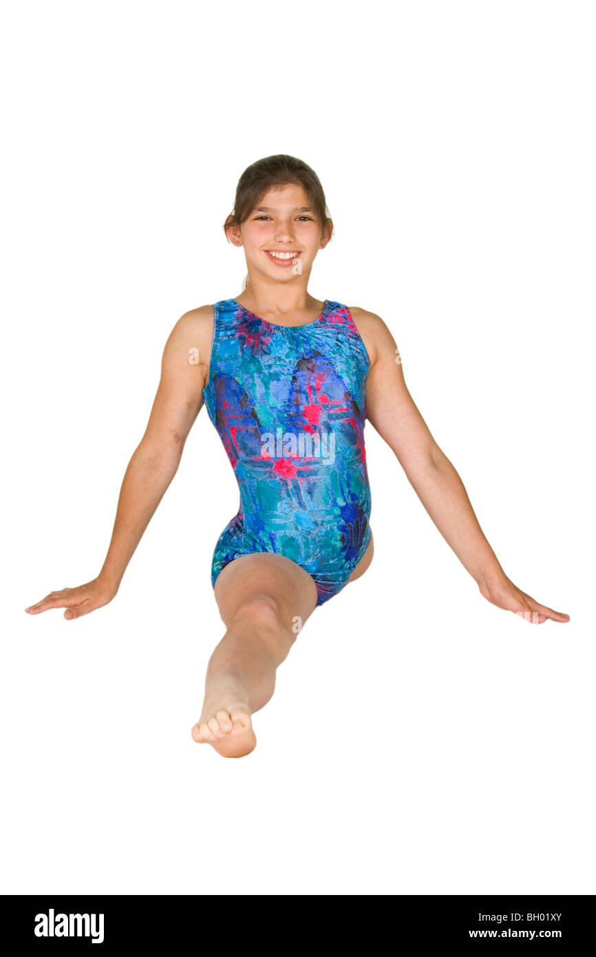 Cute Caucasian child in gymnastic poses Stock Photo - Alamy