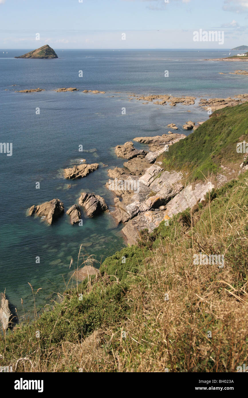 A view of the coast at Wembury, Devon UK, with the Great Mewstone ...