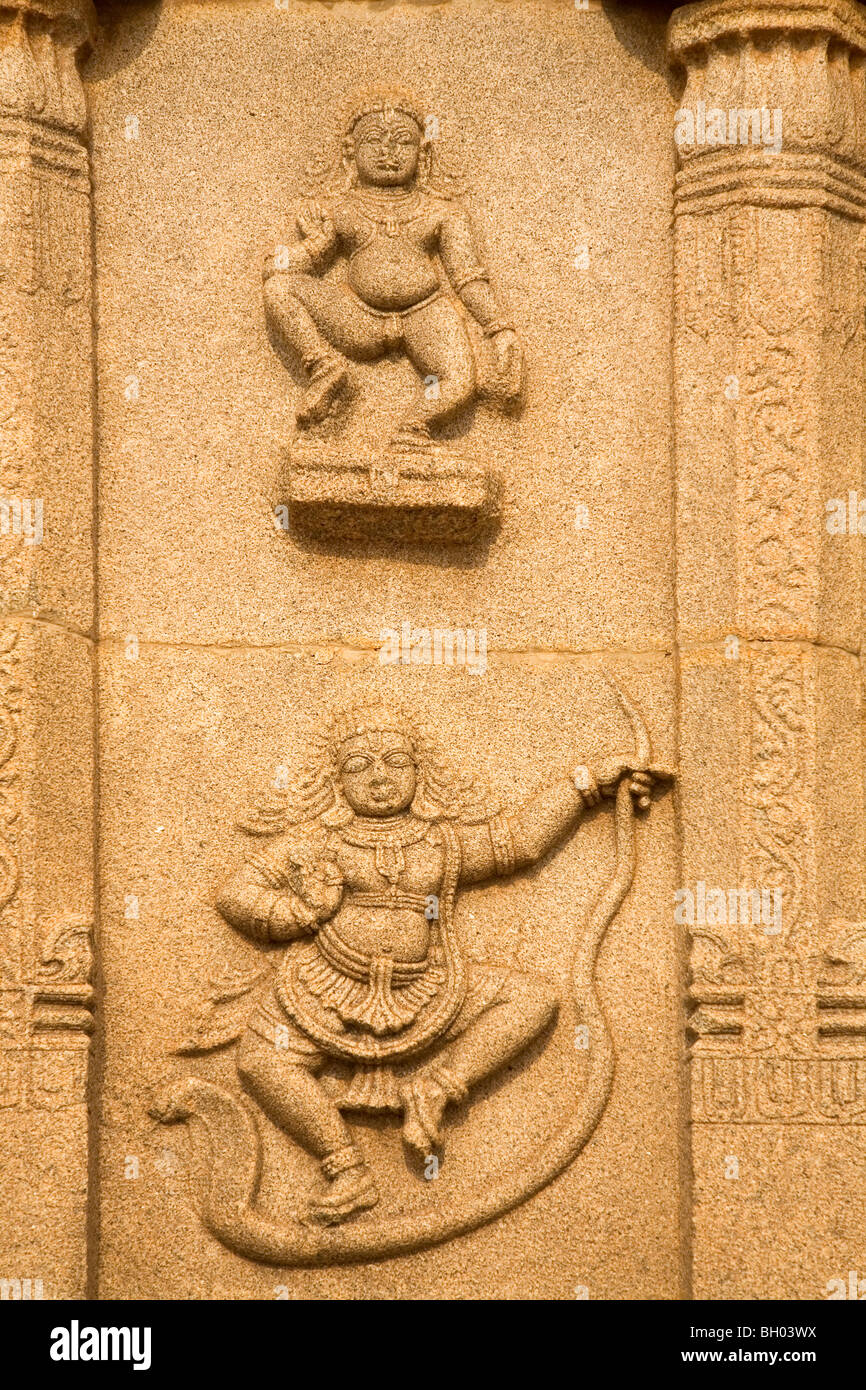 Dancing figures are depicted on the walls of the Hazara Rama Temple in ...