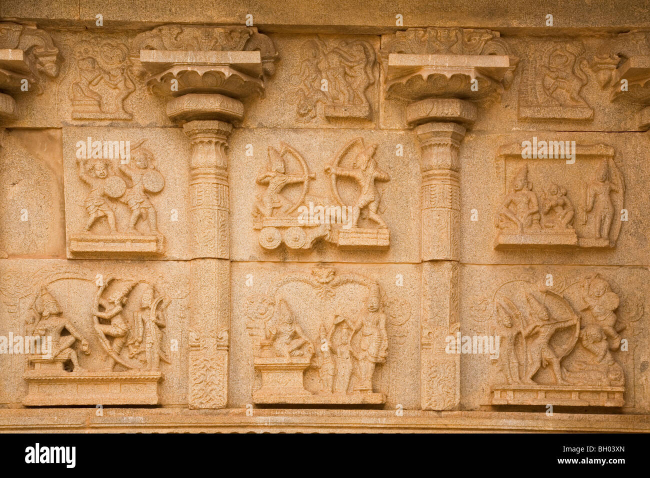 Battle scenes are depicted on the Hazara Rama Temple in Hampi, India ...