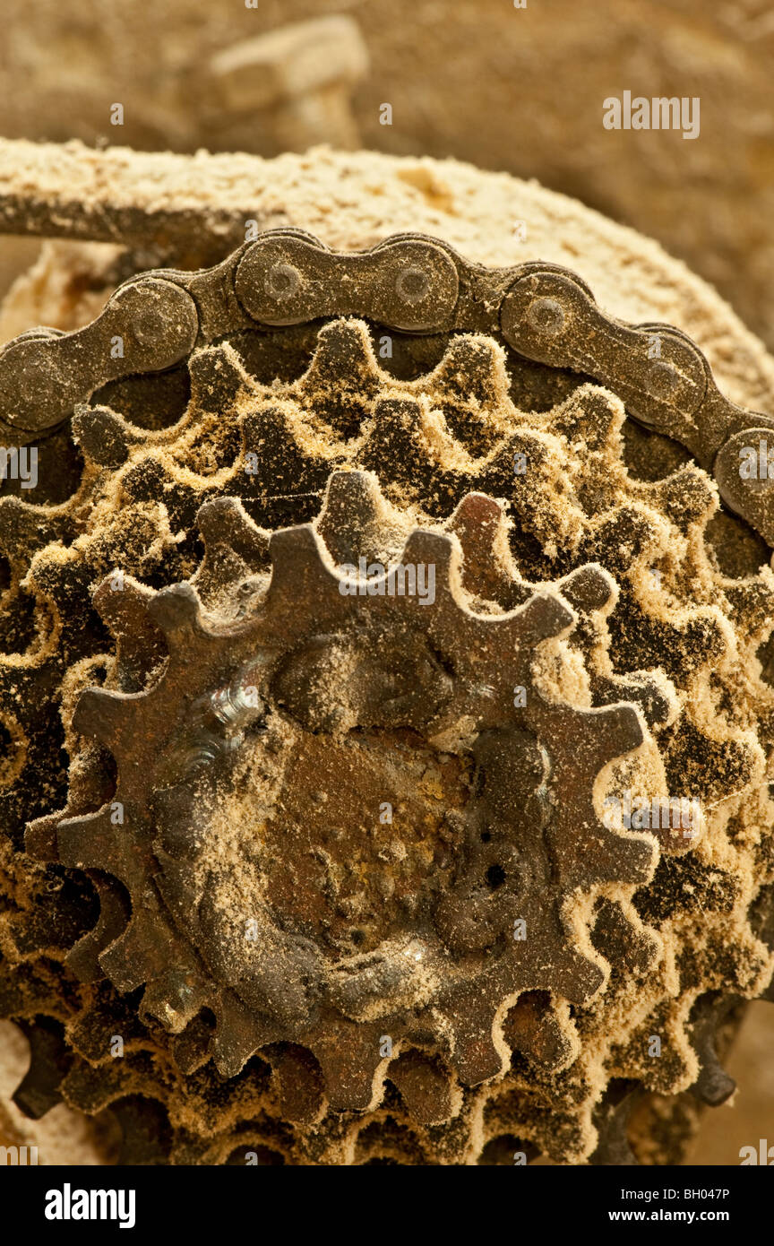 Gear wheel and chain covered in sawdust Stock Photo - Alamy