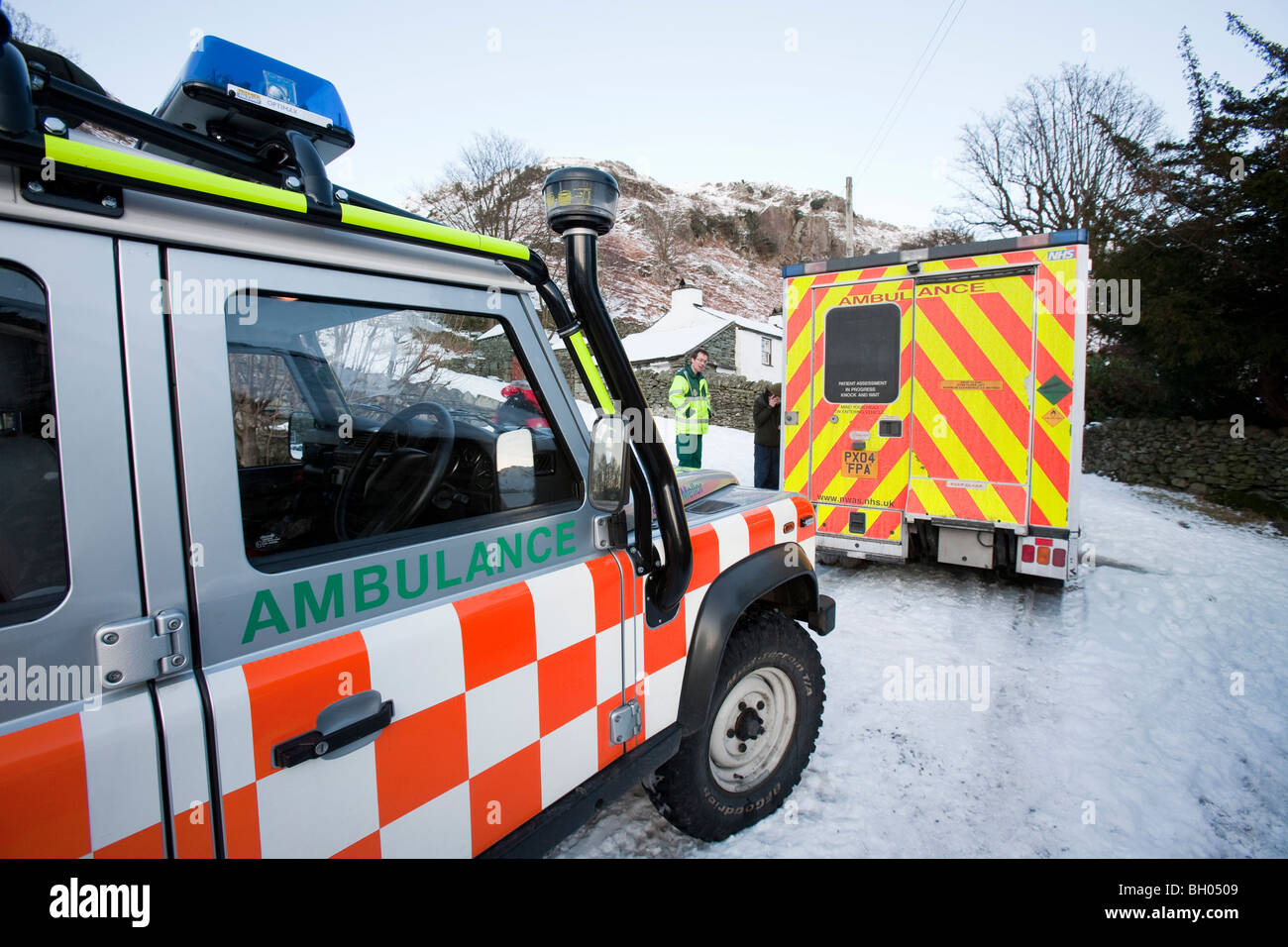 Ambulance and mountain rescue vehicles attend an incident in the ...