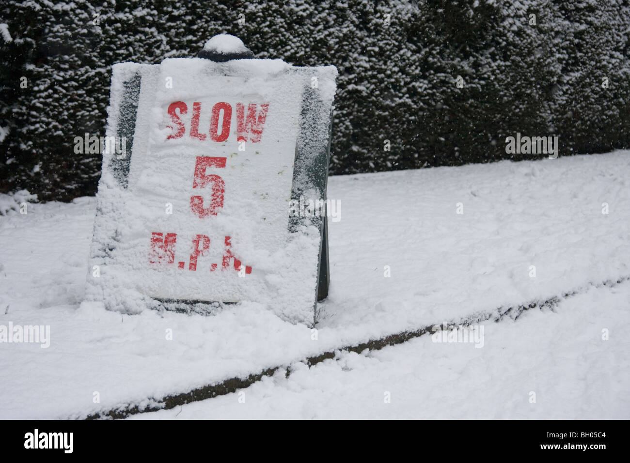 slow 5 m.p.h. sign covered in snow Stock Photo - Alamy