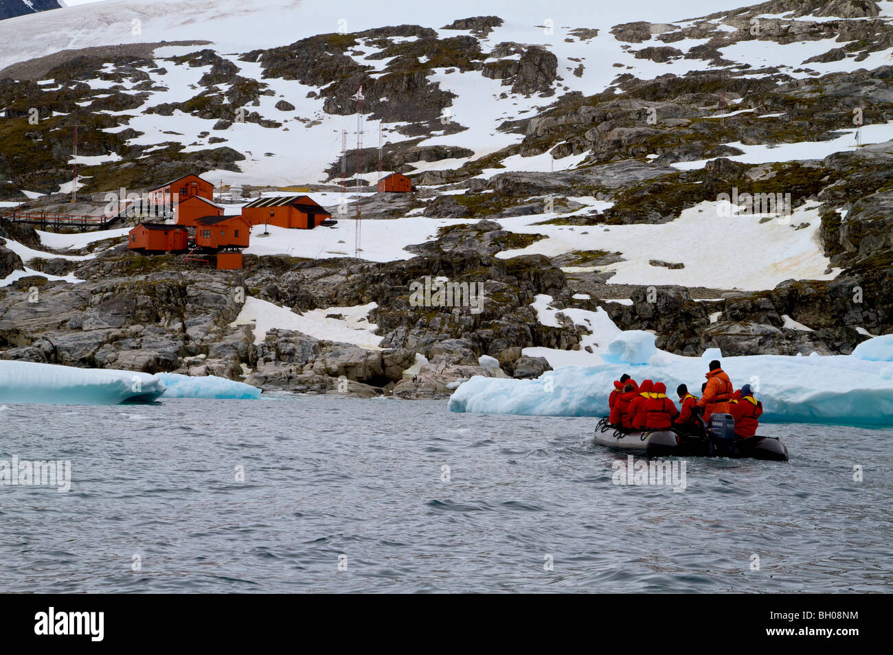 Zodiac landing party at an Argentinian research station in Antarctica ...