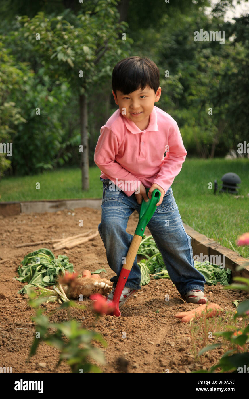 Boy with spade Stock Photo - Alamy