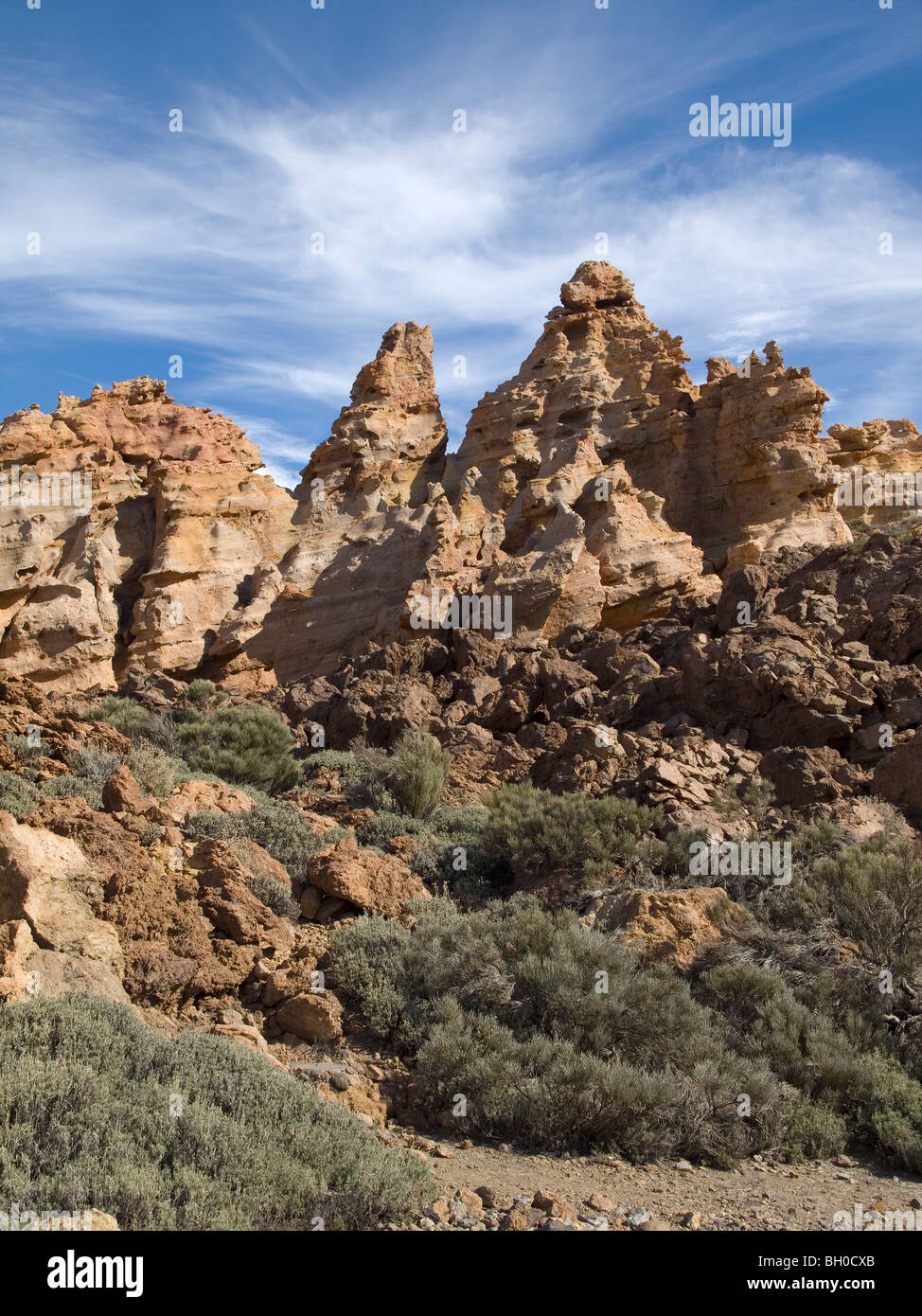 Red volcanic rock formation by a mountain path near Mount Teide in the ...