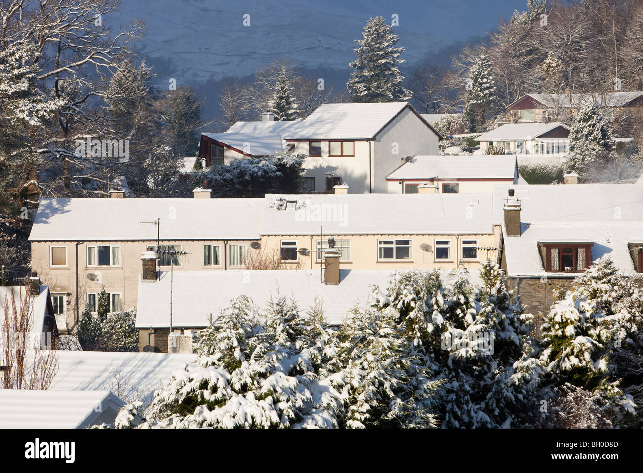 Houses in Ambleside with winters snow, Cumbria, UK Stock Photo - Alamy