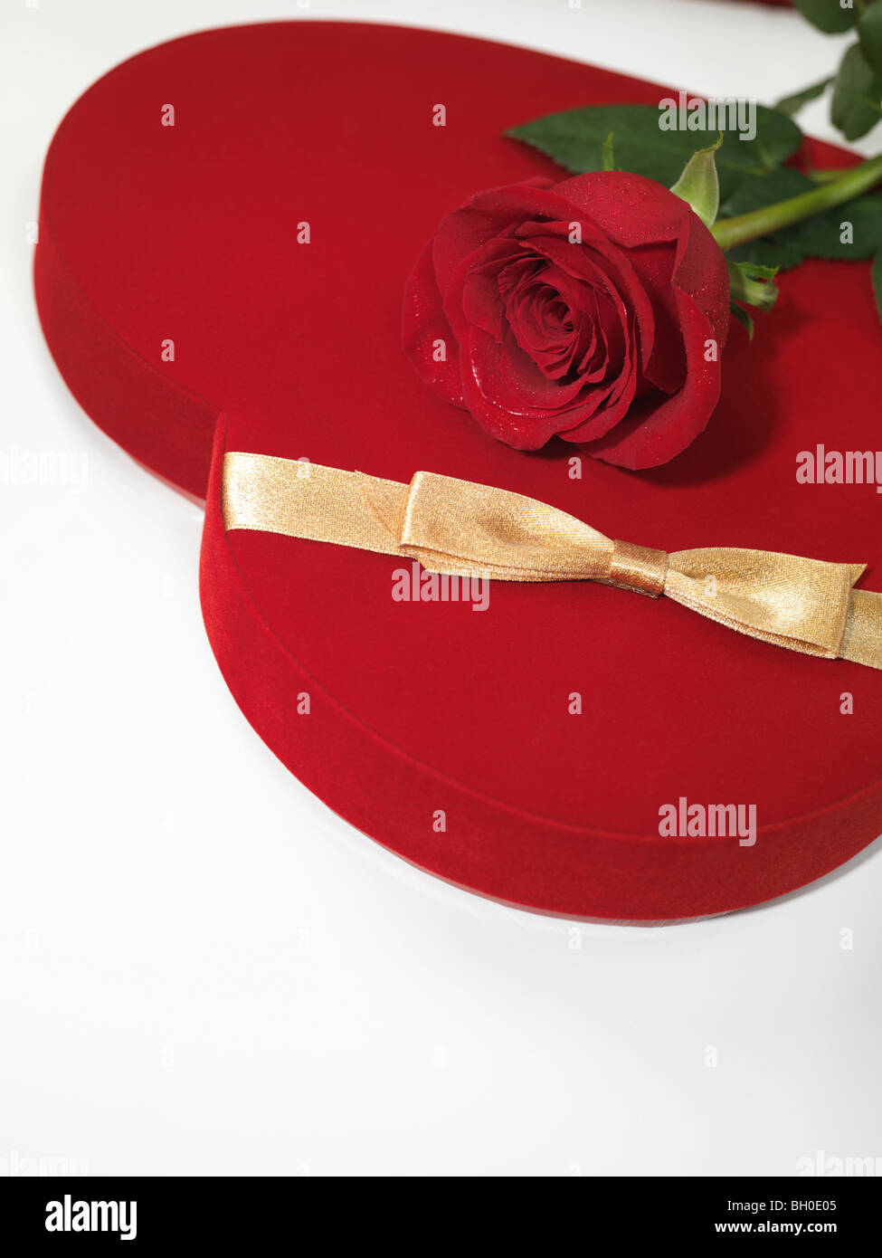 Red heart-shaped gift box and a red rose isolated on white background ...