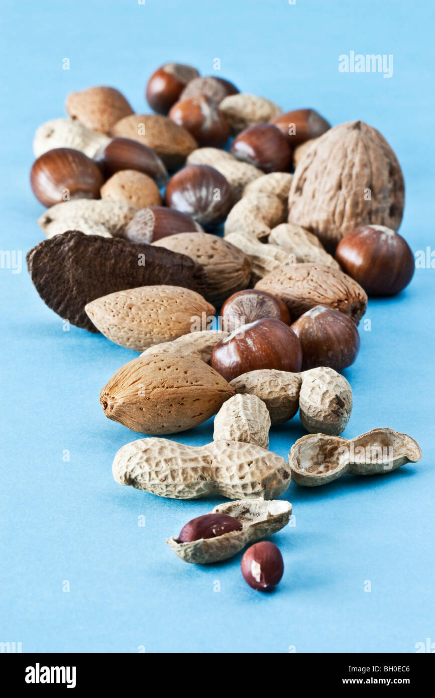 Mixed nuts on light blue background Stock Photo - Alamy