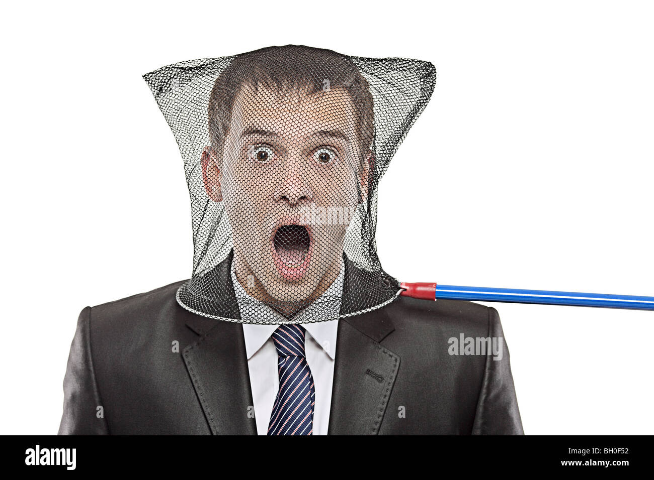 Businessman with a net on his head isolated on white background Stock ...