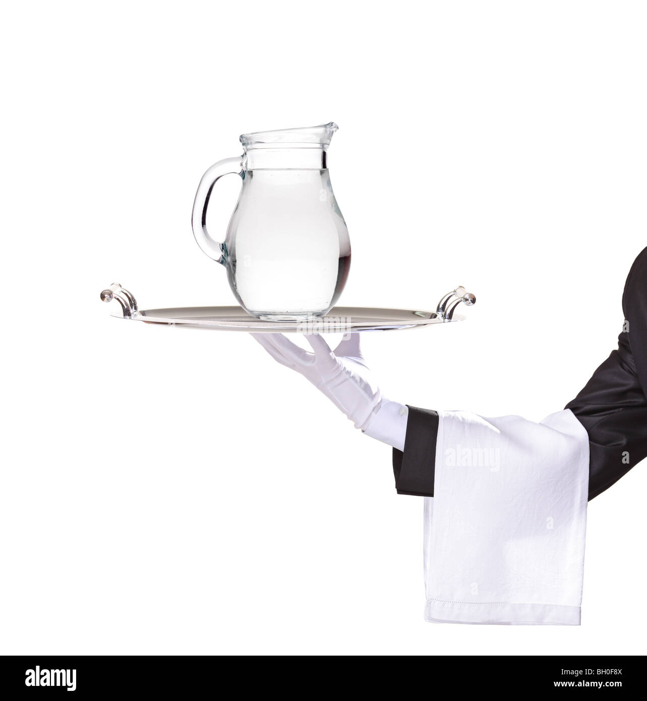 Butler holding a tray with a carafe on it, isolated on white background ...