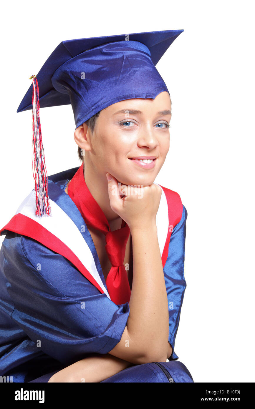 Happy graduate student posing, isolated on white background Stock Photo ...