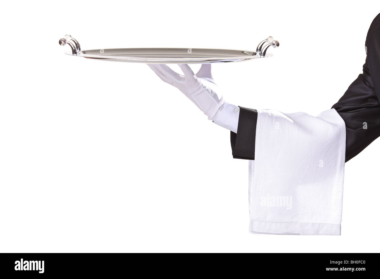 Butler holding an empty silver tray isolated on white background Stock ...
