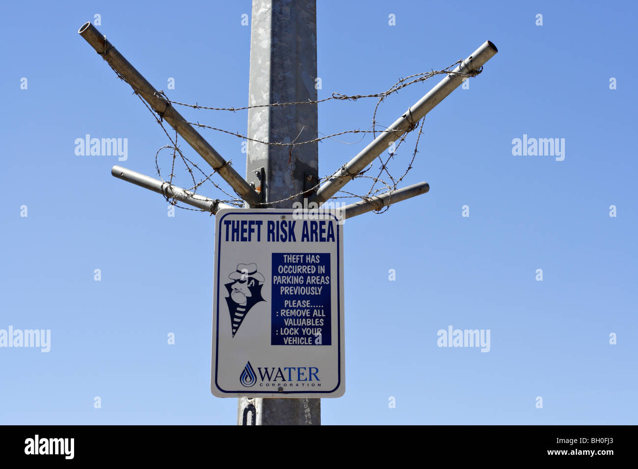 Theft Risk area warning signboard at Mundaring Reservoir in Western ...