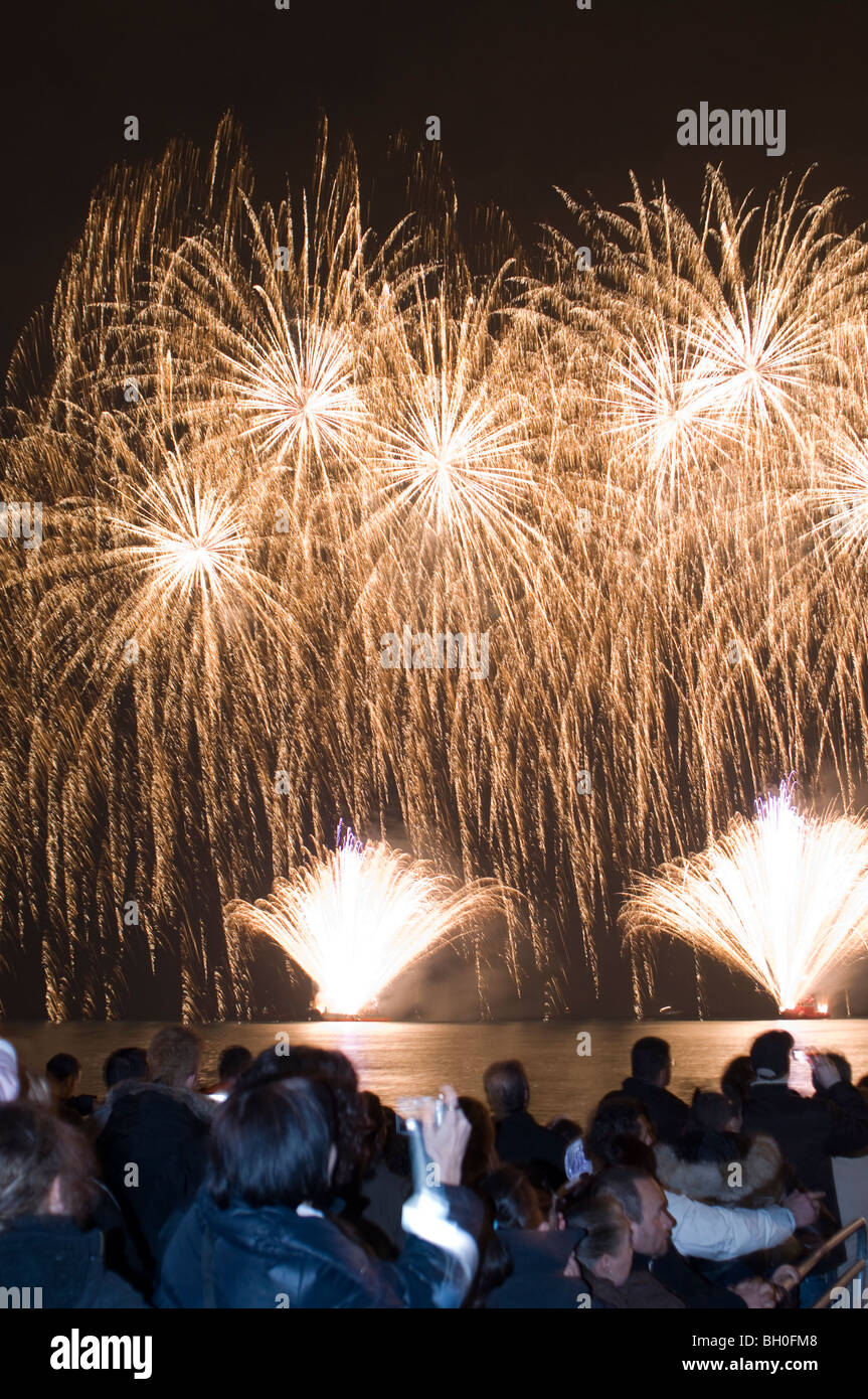 Nice, France, Crowd Watching Carnival Fireworks over Mediterranean Sea ...