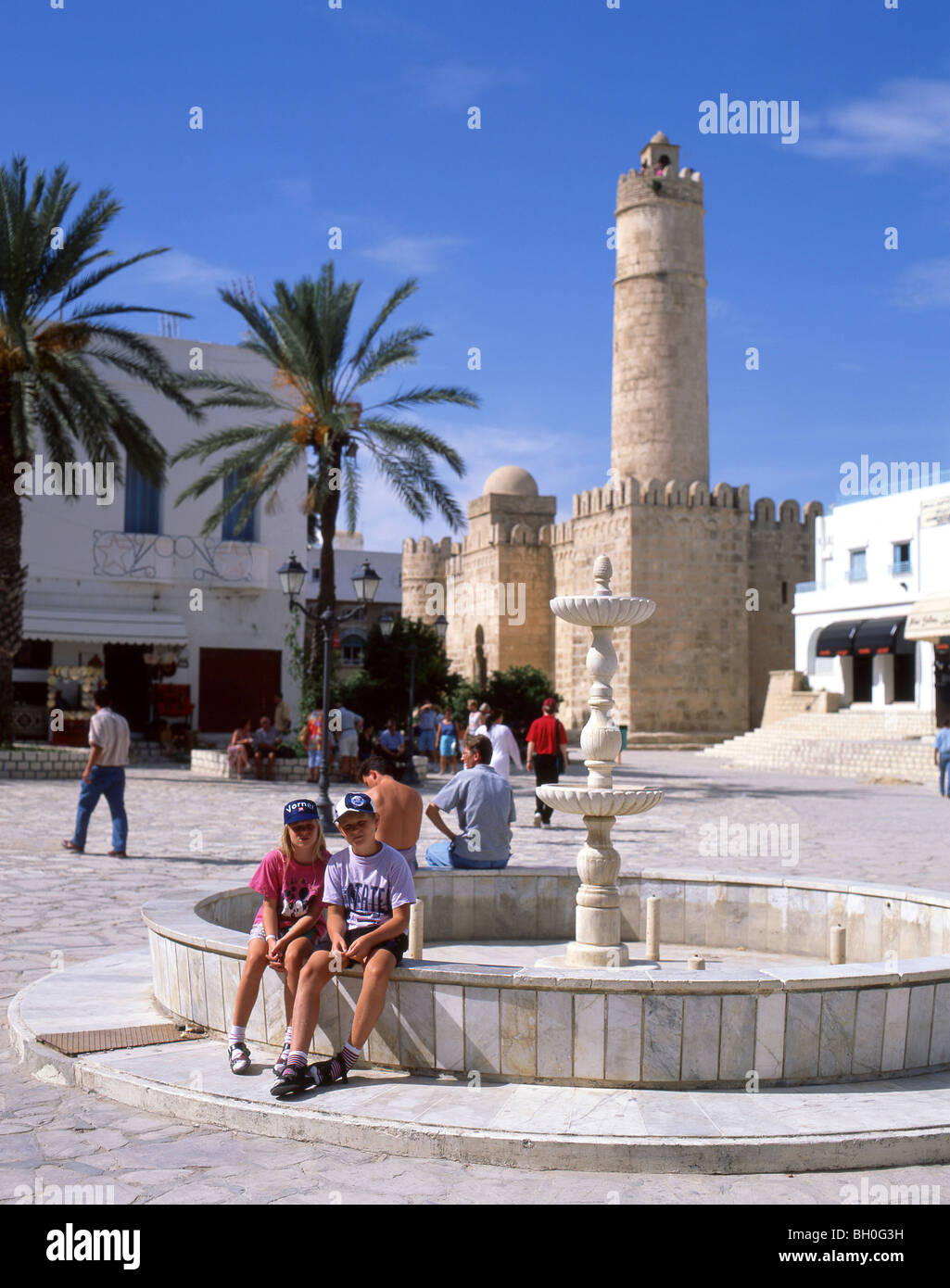 View of fountain and The Ribat Tower, Sousse, Sousse Governorate ...