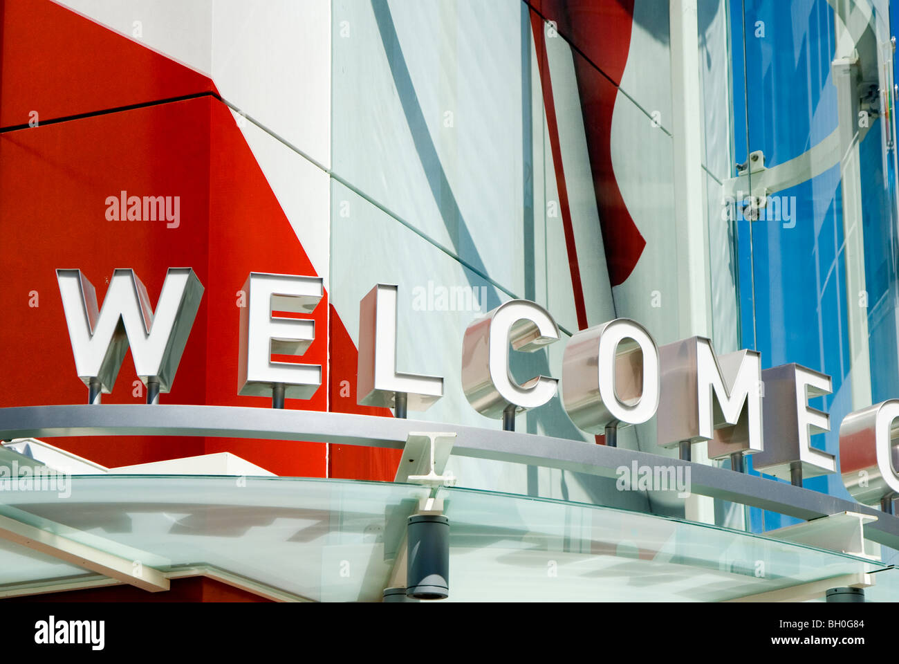 Welcome sign, Canadian flag at Canada Place, Vancouver welcoming world ...