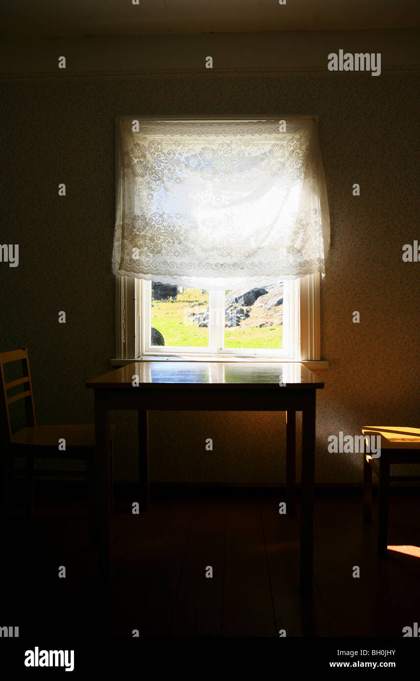 Curtain at the window of a traditional finish farm house, Linnansaari ...