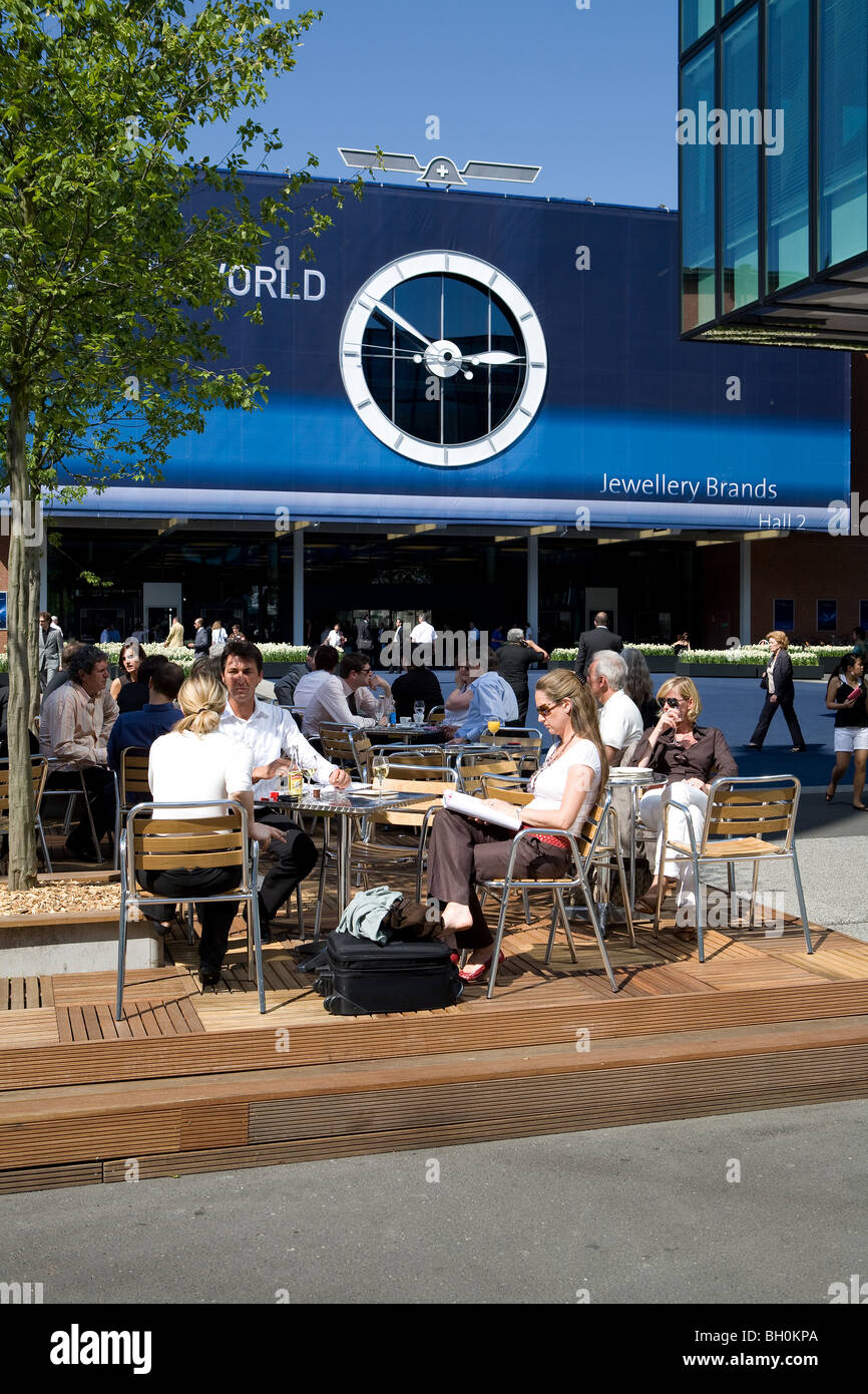 Switzerland, Basel, Baselworld, fair entrance, watches, business men ...