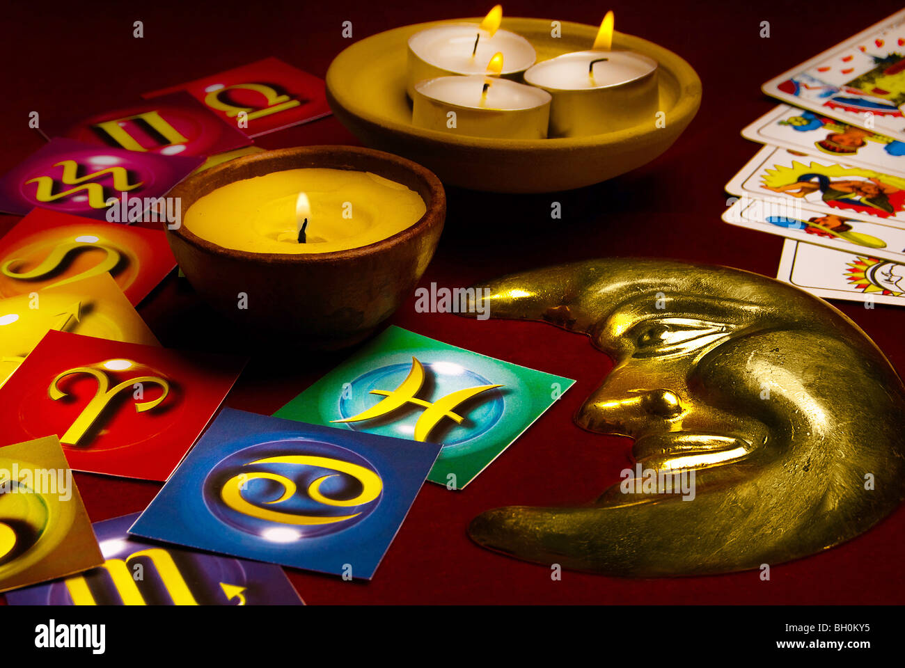 esoteric objects and candles Stock Photo - Alamy