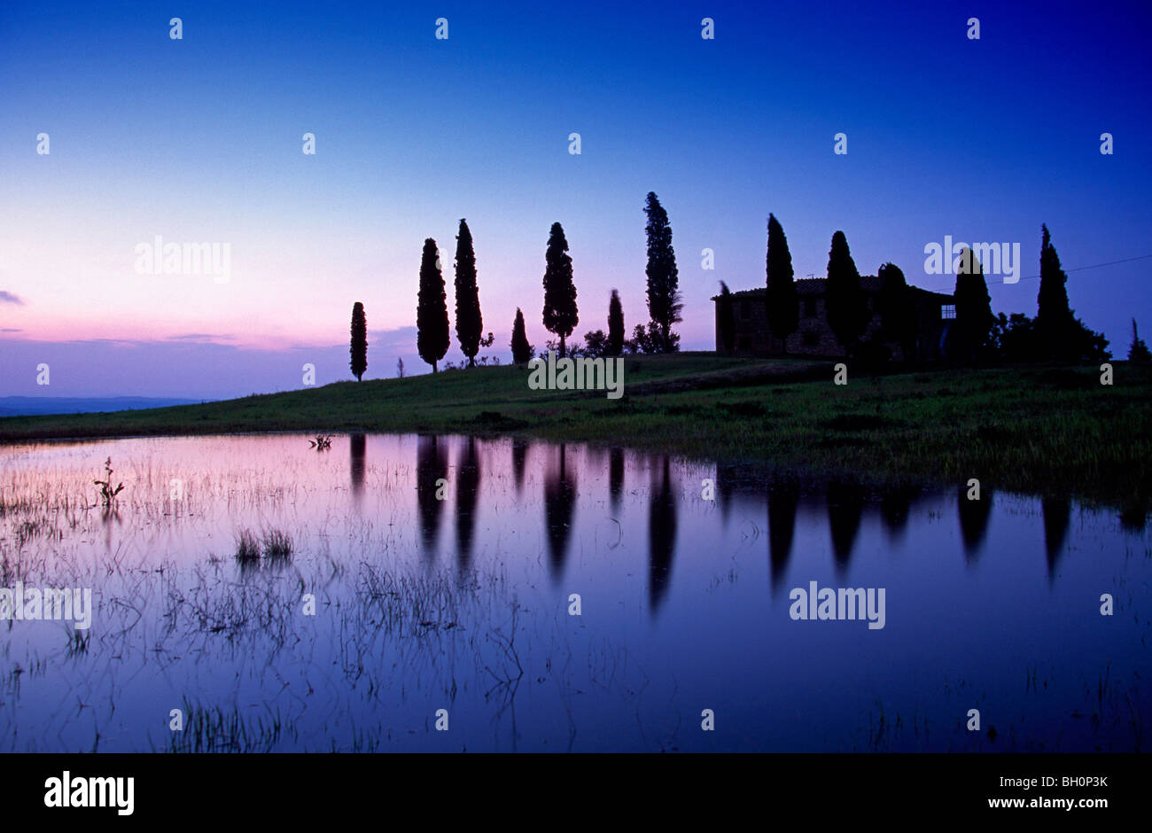 Afloated meadow and country house with cypresses at dusk, Val d'Orcia ...
