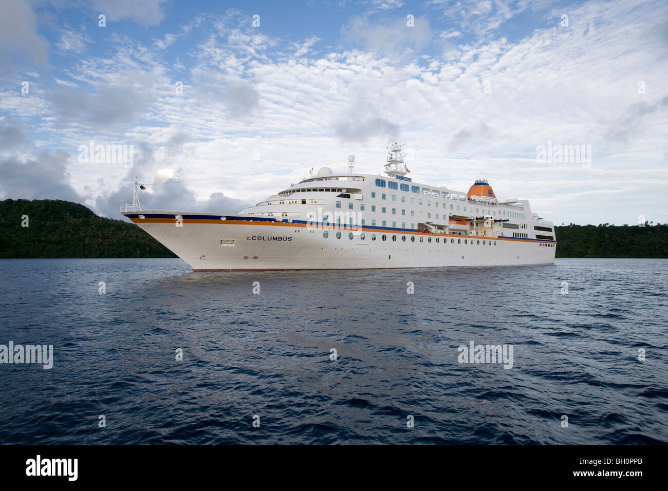 Cruiseship MV Columbus under clouded sky, Vava'u archipelago, Tonga ...