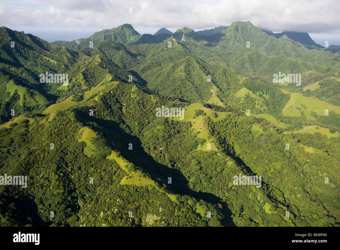 Aerial view of green mountains on the island, Rarotonga, Cook Islands ...