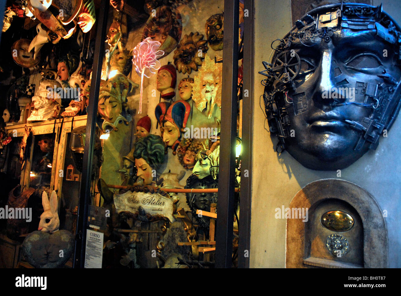 Masks in the shop window of Alice Atelier, Via Faenza, Florence ...