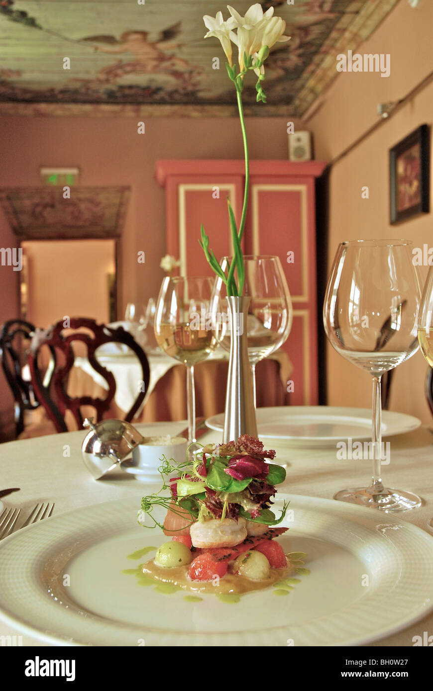 Table setting with garnished seafood salad, Restaurant in the Three ...