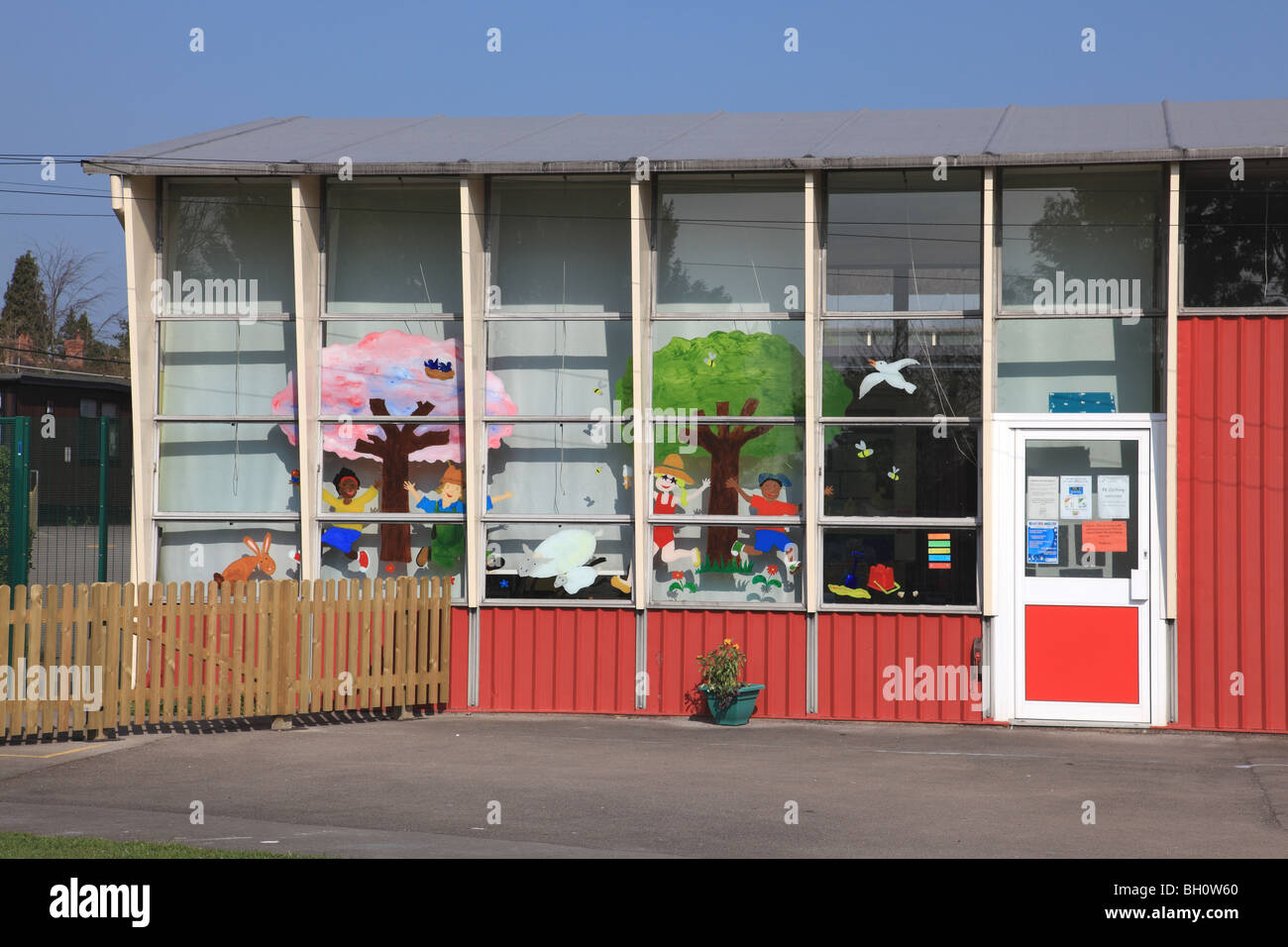 Exterior of an infants’ school classroom with bright colourful ...