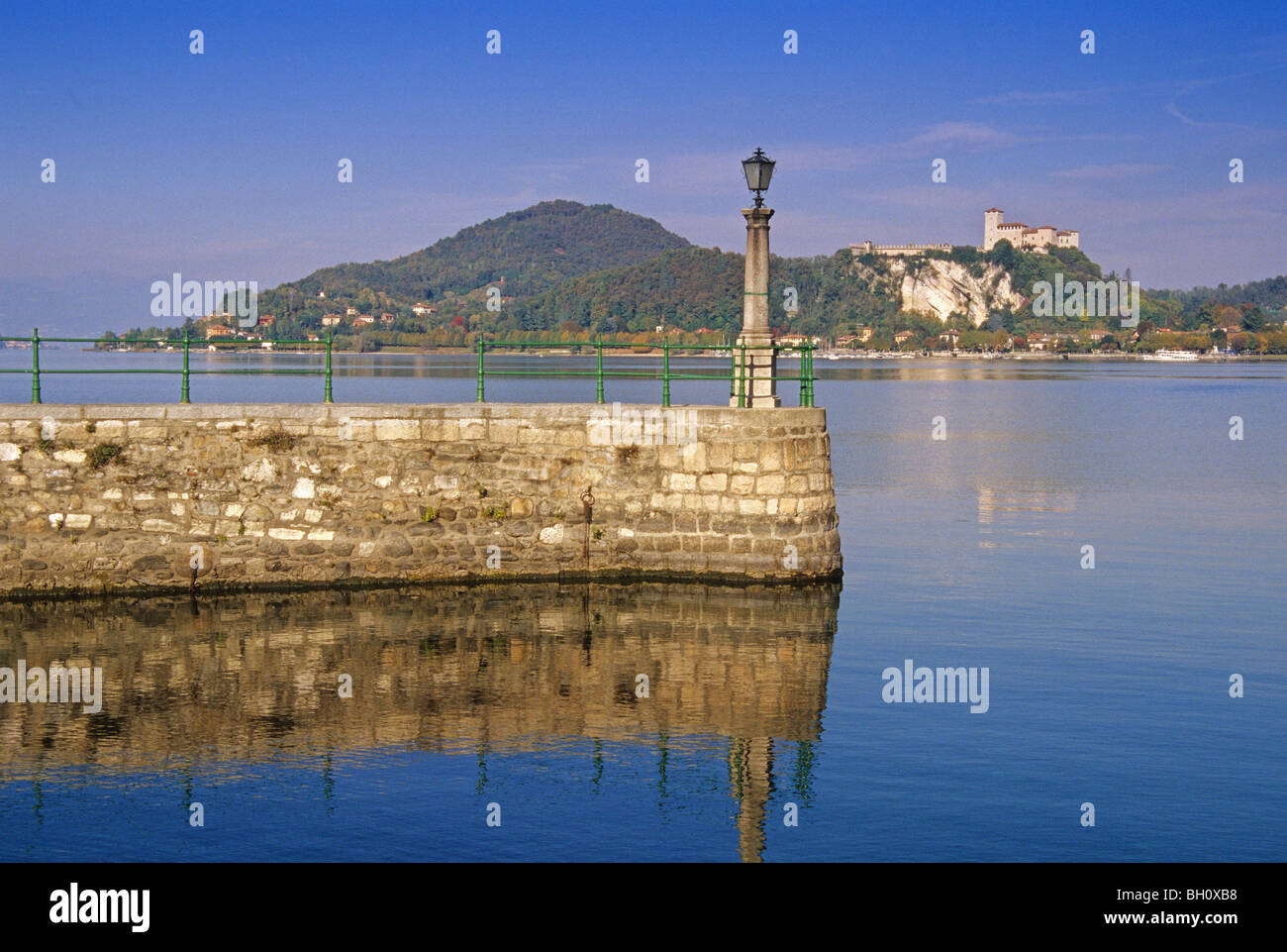 View over the lake to fort Rocca di Angera, Lago Maggiore, Piedmont ...