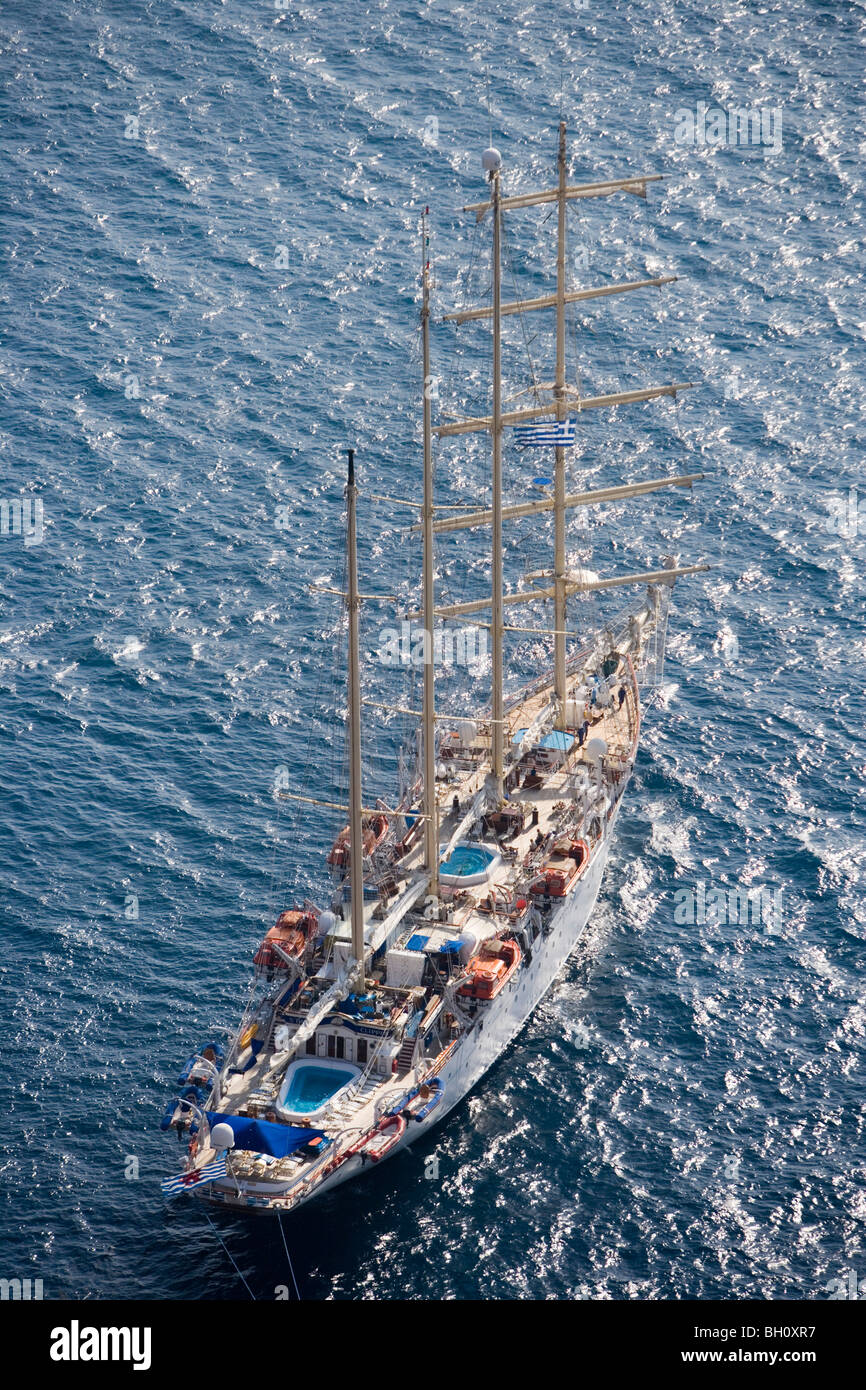 High angle view at the sailing ship Star Clipper anchoring, Santorini ...