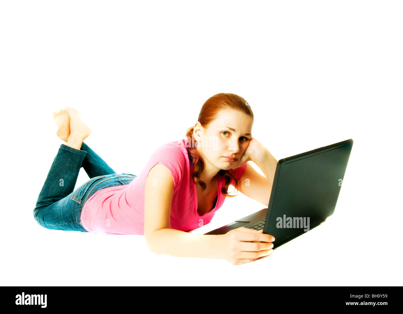 The girl with a computer. Isolation on white Stock Photo - Alamy