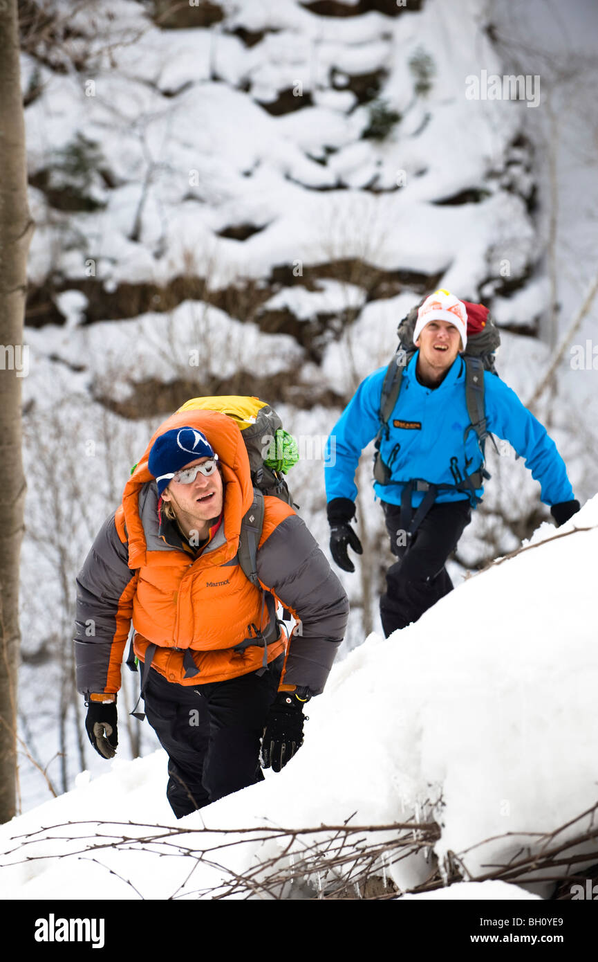 Two men hiking through winter landscape, Hokkaido, Japan, Asia Stock ...
