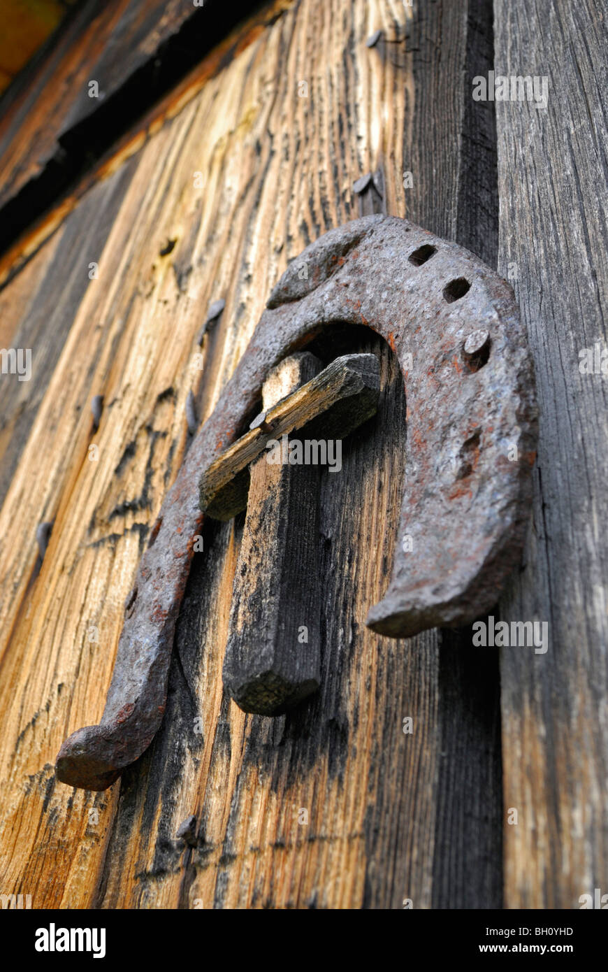 horseshoe and cross at alpine hut, Sarntal range, Brixen, South Tyrol ...