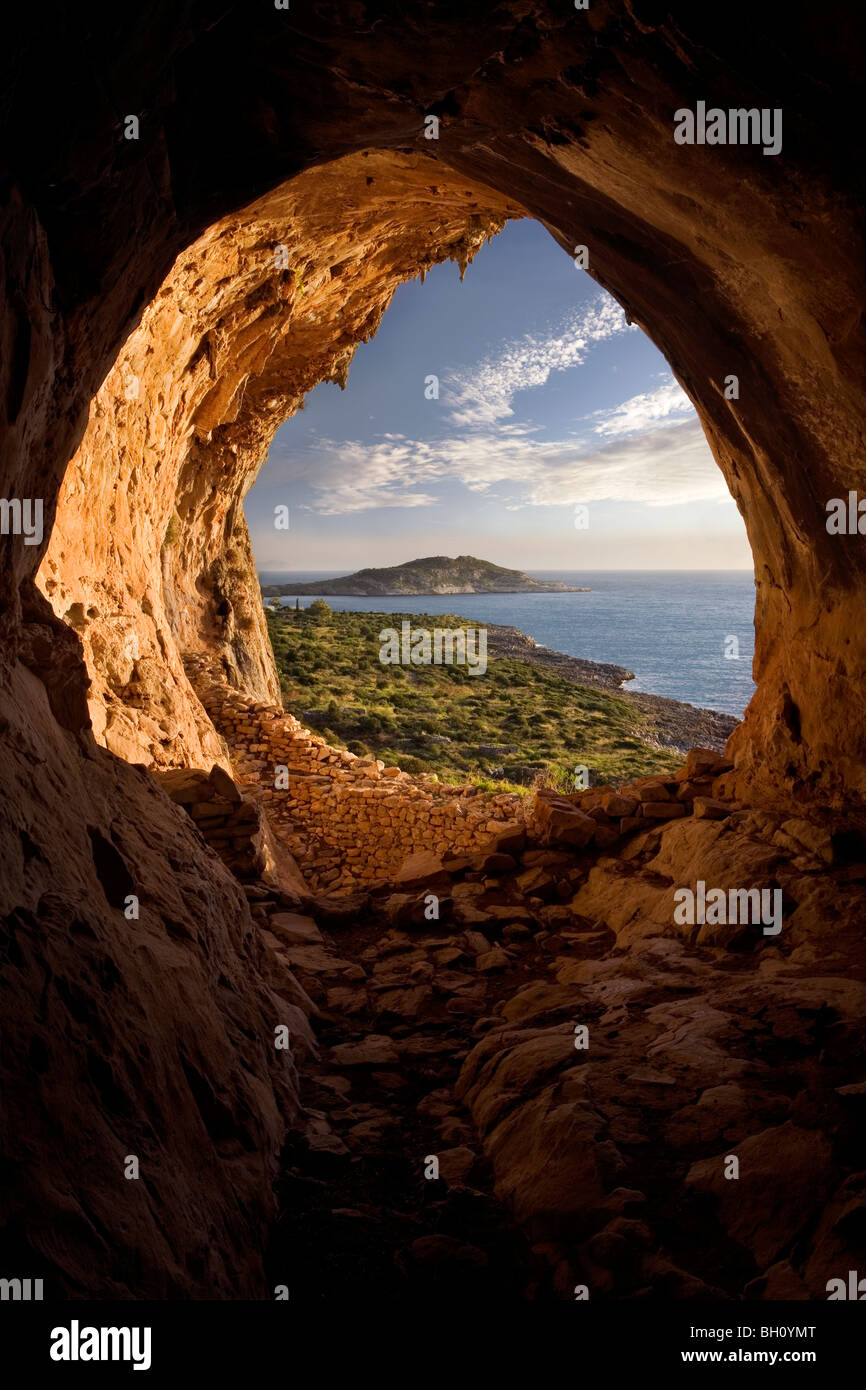 View from within a coastal cave on the Southern Peloponnese coast ...