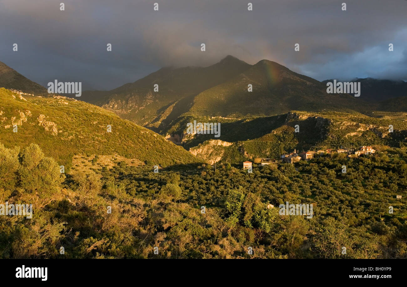 Kalives village and the Taygetos mountains beyond in the Mani peninsula ...