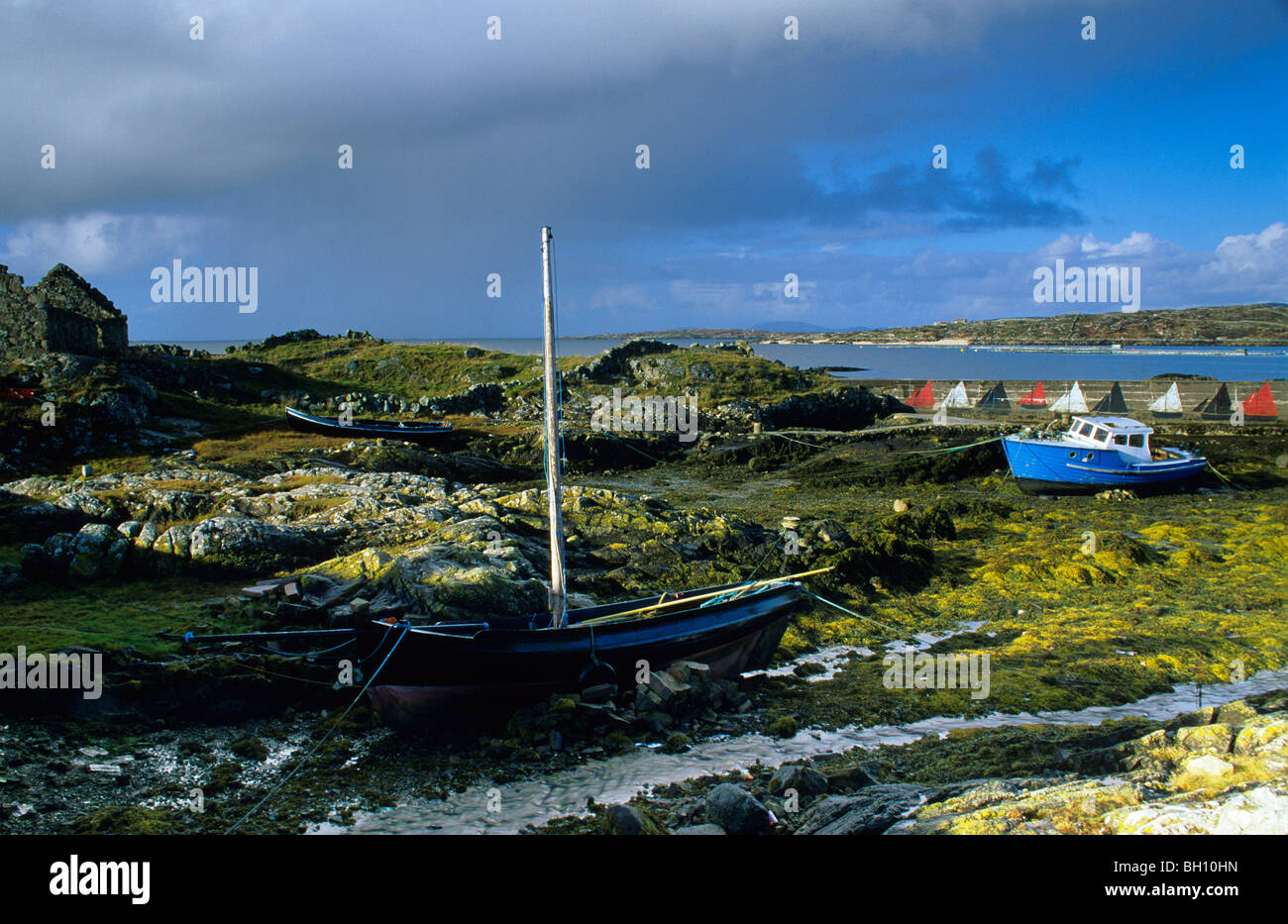 Coastal landscape with fishing boats, Lettermullan peninsula, Connemara ...