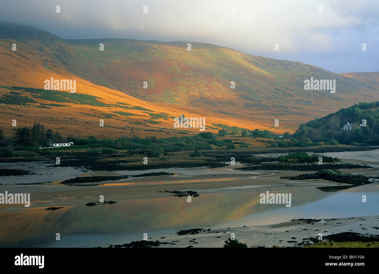 Mountain scenery and houses at a river, Killary Bay, Connemara, County ...