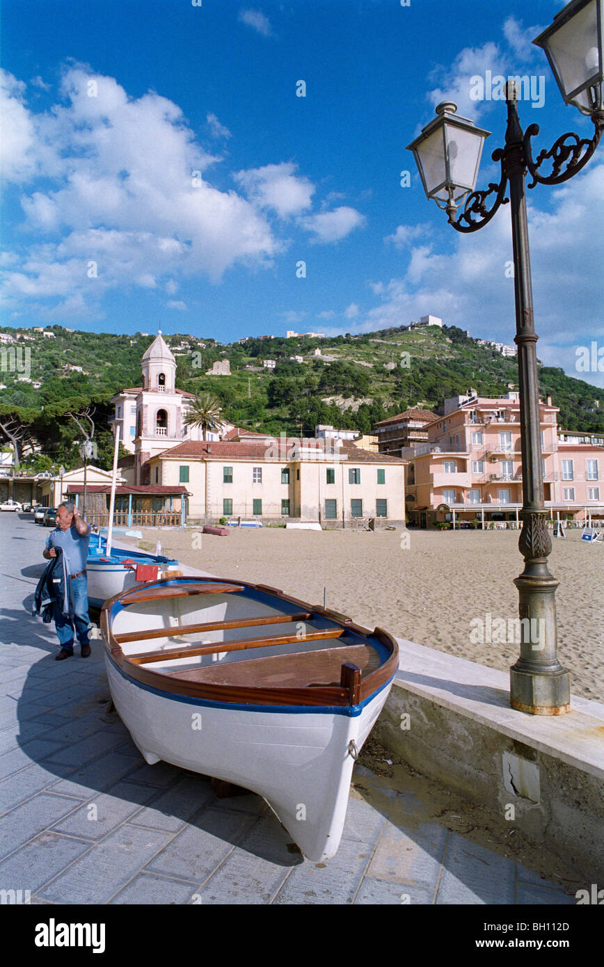 Beach and promenade with boat, Santa Maria di Castellabate ...